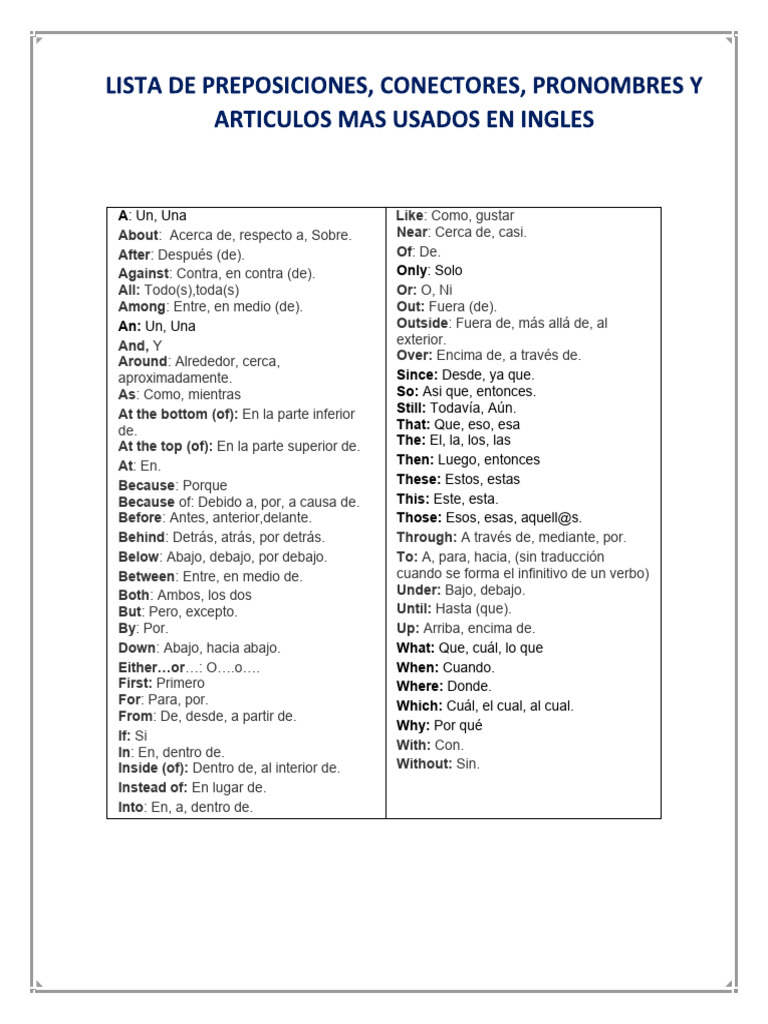 Lista de Preposiciones, Conjunciones, Etc | PDF