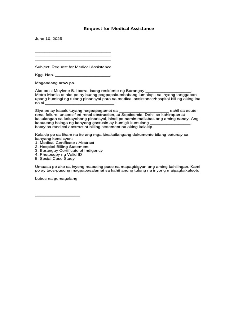 Request - For - Medical - Assistance - Letter FORMAT | PDF