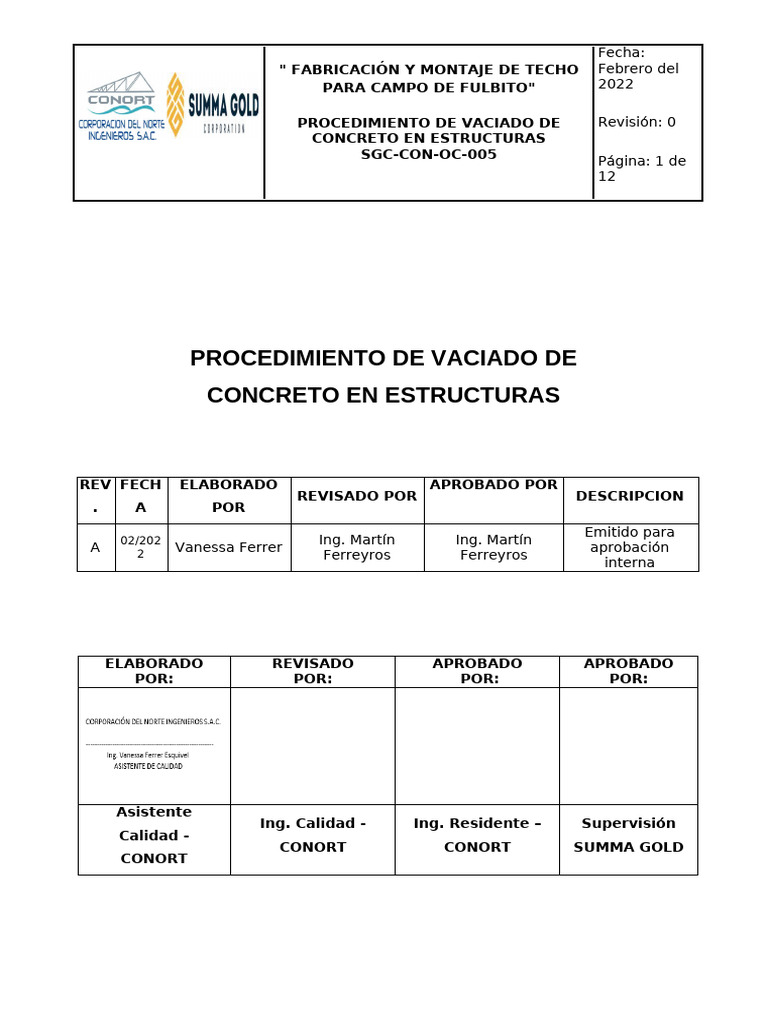SGC-CON-OC-005. Procedimiento de Vaciado de Concreto en Estructuras. Rev. 00 | PDF | Hormigón ...