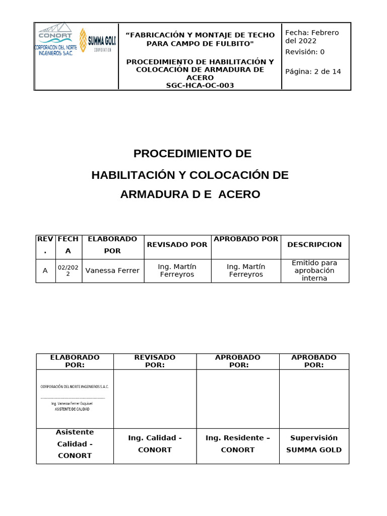 SGC-HCA-OC-003. Procedimiento de Habilitacion y Colocación de Armadura de Acero. Rev. 00 | PDF ...