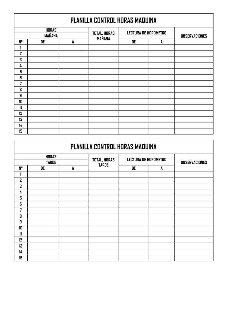 Planilla Control Horas Maquina | PDF