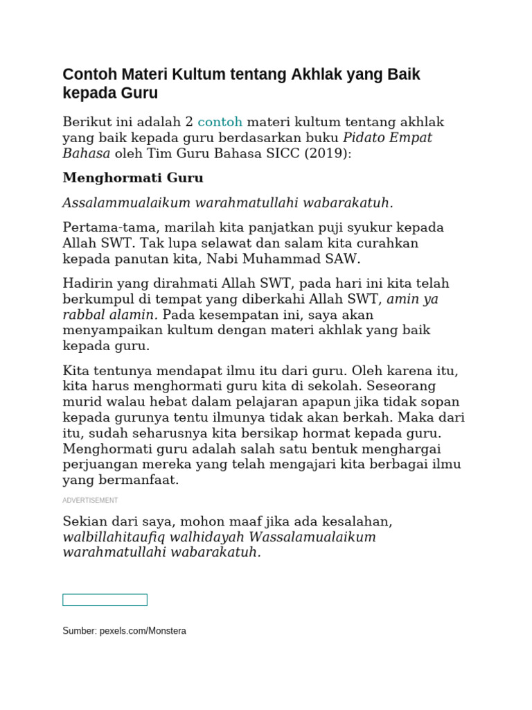 Contoh Materi Kultum Tentang Akhlak Yang Baik Kepada Guru 2 | PDF