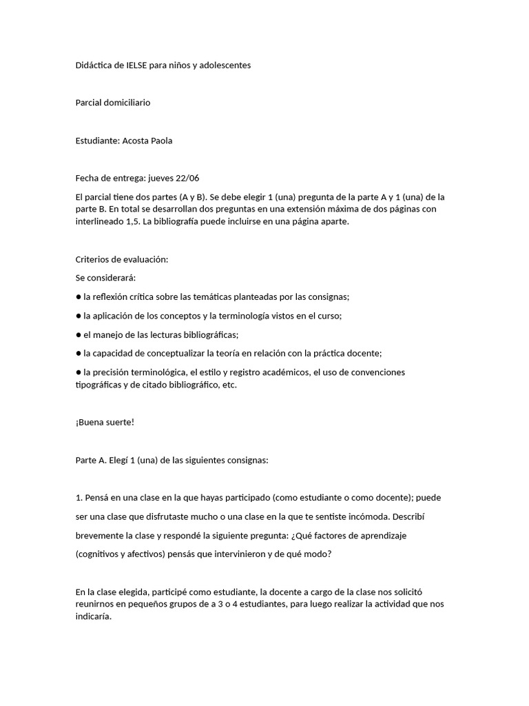 Didáctica de IELSE para Niños y Adolescentes. Parcial Domiciliario ...