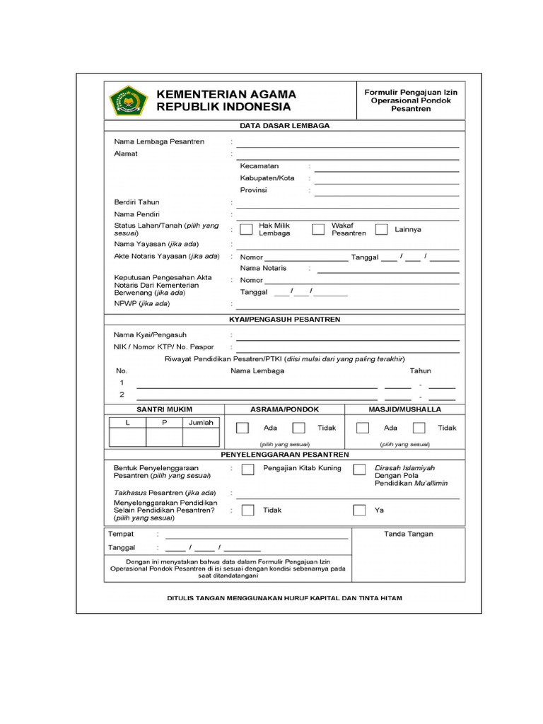Formulir Pengajuan Izin Operasional Ponpes | PDF