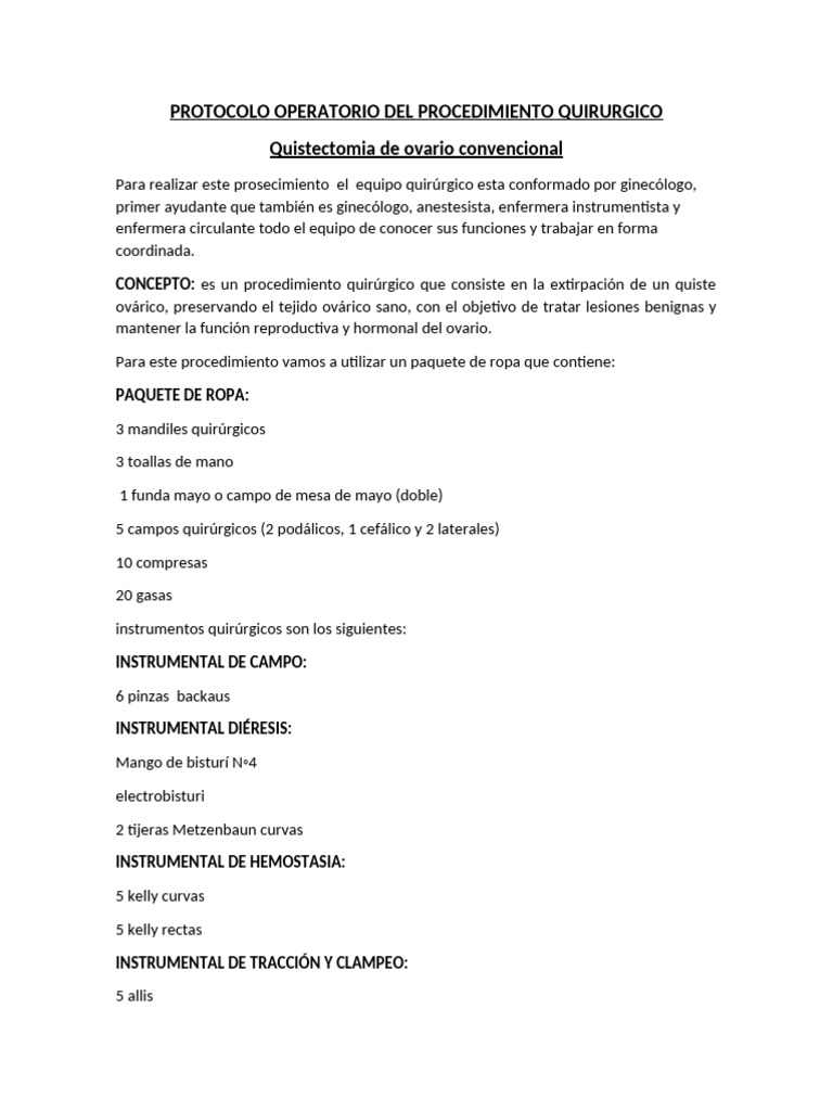 Protocolo Operatorio Del Procedimiento Quirurgico Quistectomia | PDF | Ovario | Sutura Quirúrgica