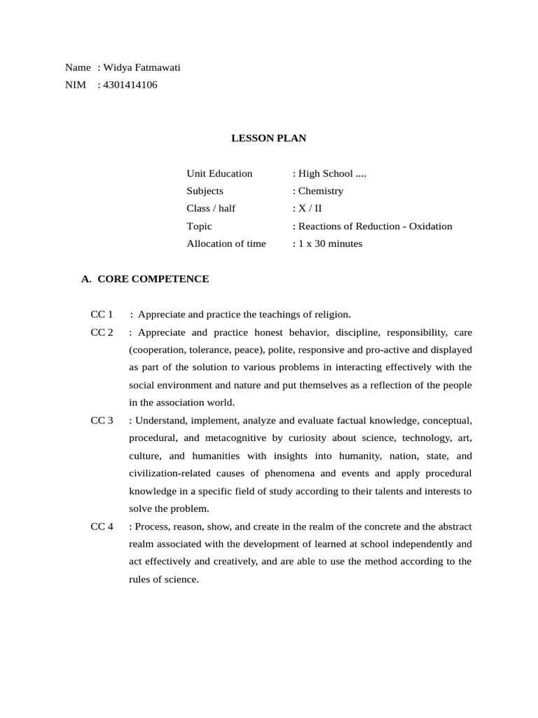 Lesson Plan of Redox Revisi New | PDF | Redox | Bleach