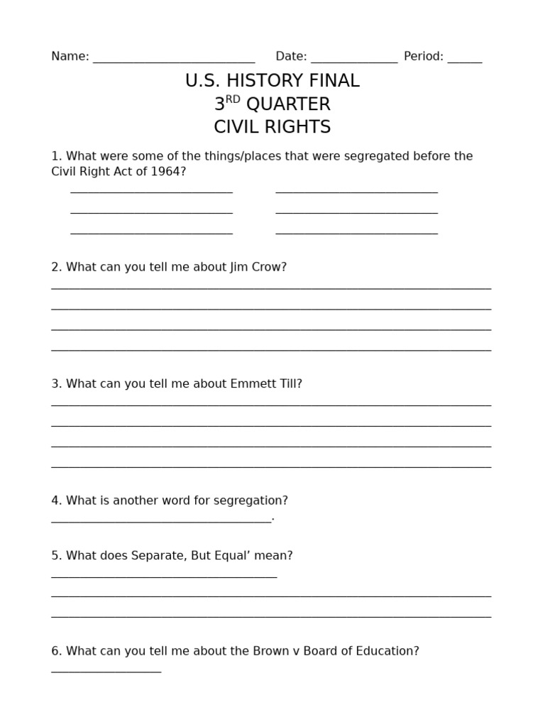 USH 3rd Quarter Civil Rights Final | PDF | Racial Segregation | Jim ...