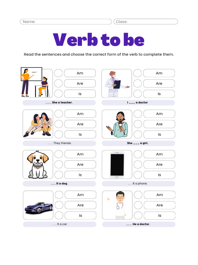 Blue White Simple Illustrative Verb To Be Grammar Worksheet | PDF