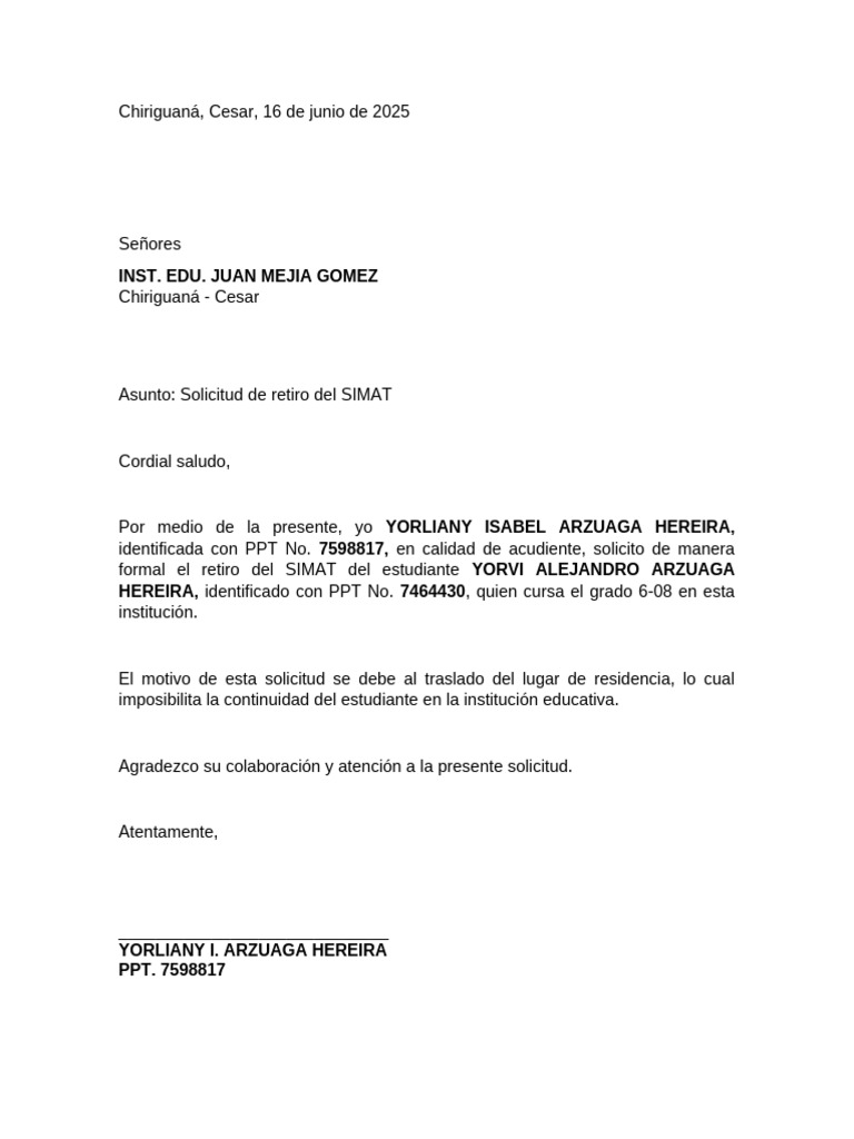 Carta de Retiro Del Simat-2 | PDF