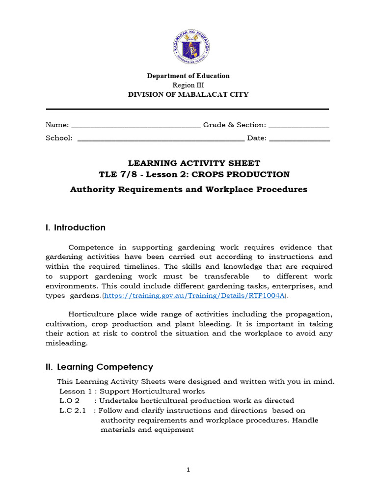 TLE7 - 8 - CropProduction - Wk2 - Follow and Clarify Instructions and Directions Based On ...