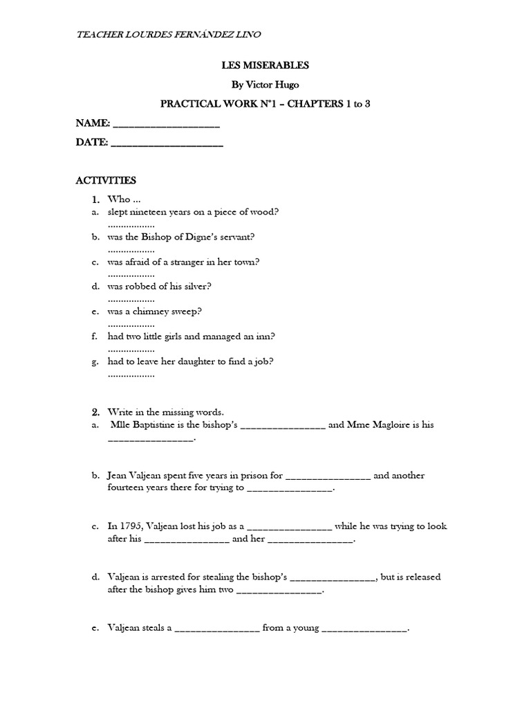 Les Miserables CH 1-3 Practical Work | PDF