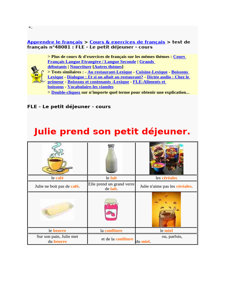 Vocabulaire du Petit Déjeuner FLE | PDF | Linguistique