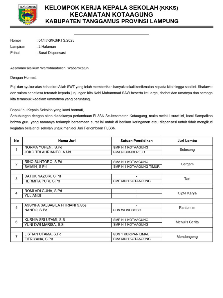 Surat Dispensasi Juri | PDF