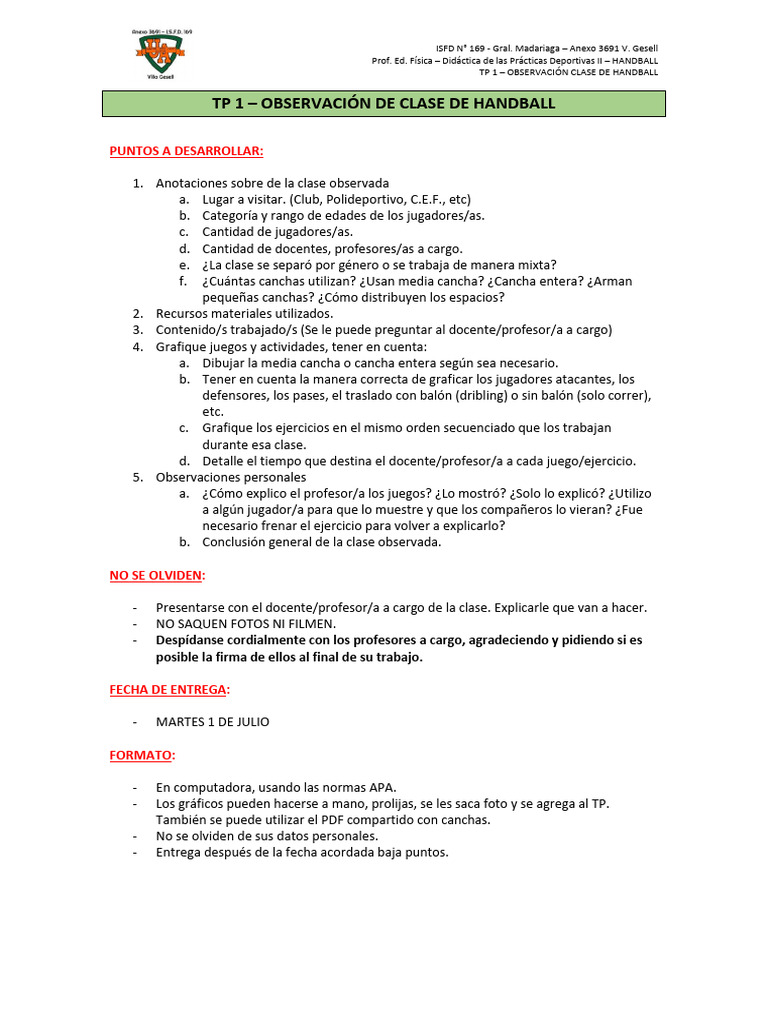 TP 1 - Observación Clase de Handball | PDF