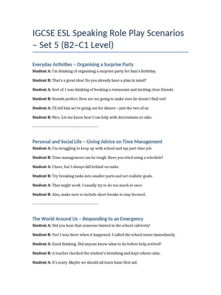 IGCSE ESL Role Play Set5 B2 C1 With Vocabulary | PDF