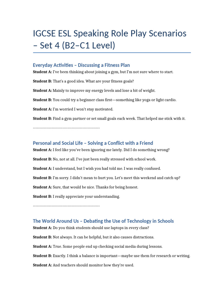 IGCSE ESL Speaking Role Play Scenarios | PDF | Learning | Cognition