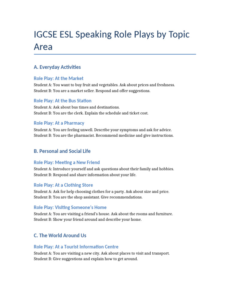 IGCSE ESL Speaking Role Plays by Topic | PDF