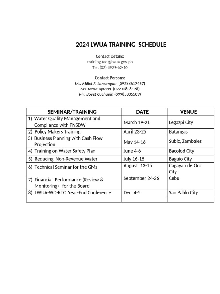 LWUA 2024 Training Schedule | PDF