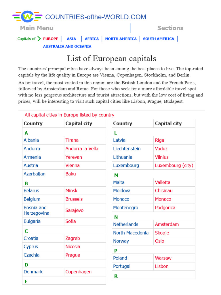 List of European Capitals by Countries | PDF | Europe | Cost Of Living