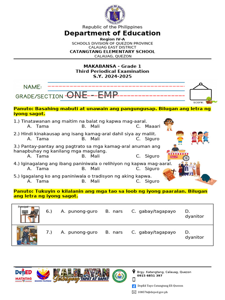 3rd Quarter Exam - MAKABANSA - Grade 1 (A4 Version) | PDF