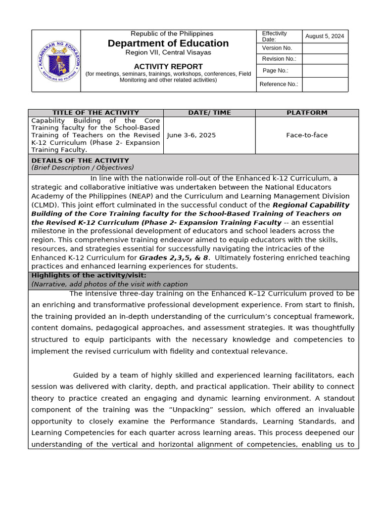 K-12 Curriculum Training Report 2025 | PDF | Pedagogy | Curriculum