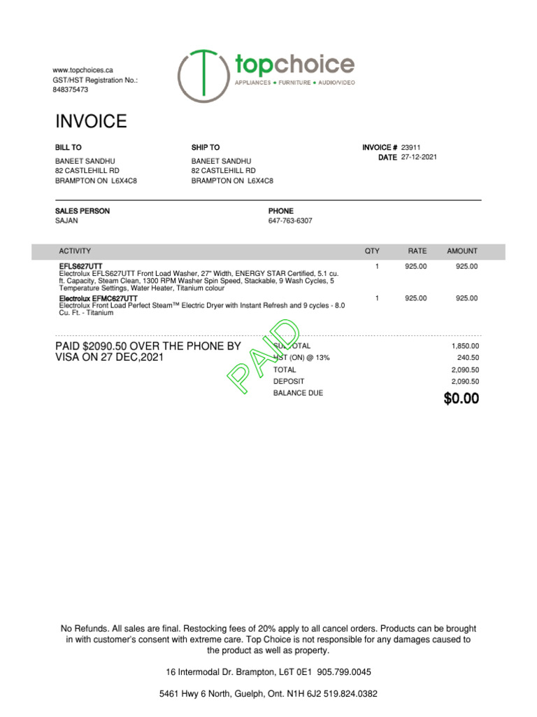 Invoice 23911 From Top Choice Electronics | PDF | Washing Machine