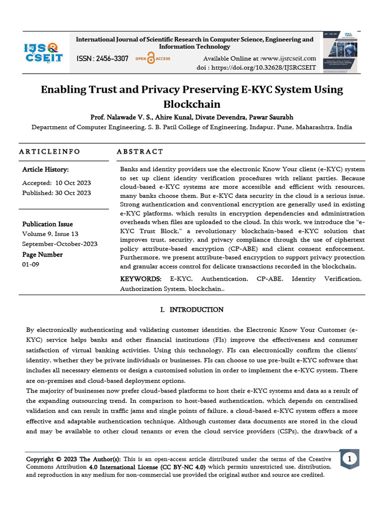 Enabling Trust and Privacy Preserving E-KYC System Using Blockchain - IJSRCSEIT | PDF | Cloud ...