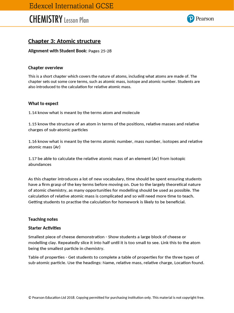 IGCSE Chem Lesson Plan 3 Atomic | PDF | Isotope | Chemical Elements