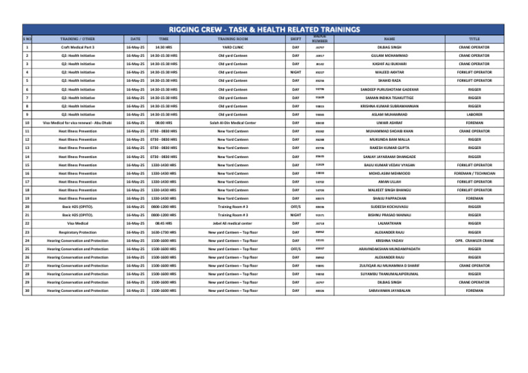 Rigging Crew - Task & Health Related Trainings (16-May-2025) | PDF