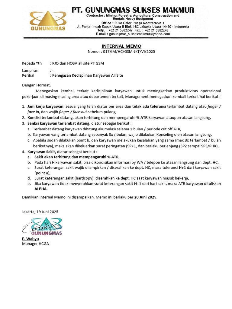 IM 018 - GSM - Penegasan Kedisiplinan Karyawan All Site | PDF