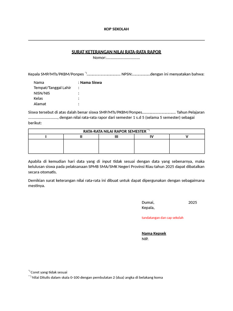 Surat Keterangan Rata-Rata Nilai Rapor | PDF