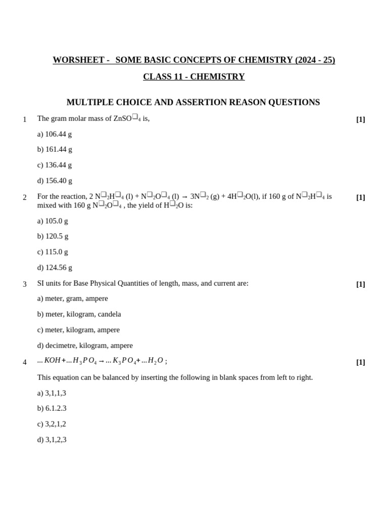 Class 11 Molar Mass and Mole Concept Worksheet | PDF | Mole (Unit ...