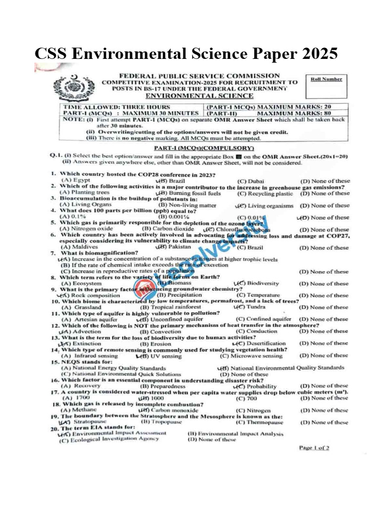 Environmental Science Paper 2025 | PDF