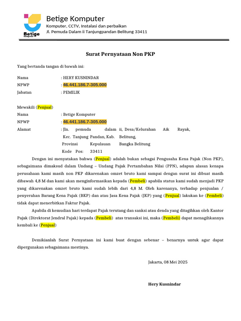 Surat Pernyataan Non PKP | PDF