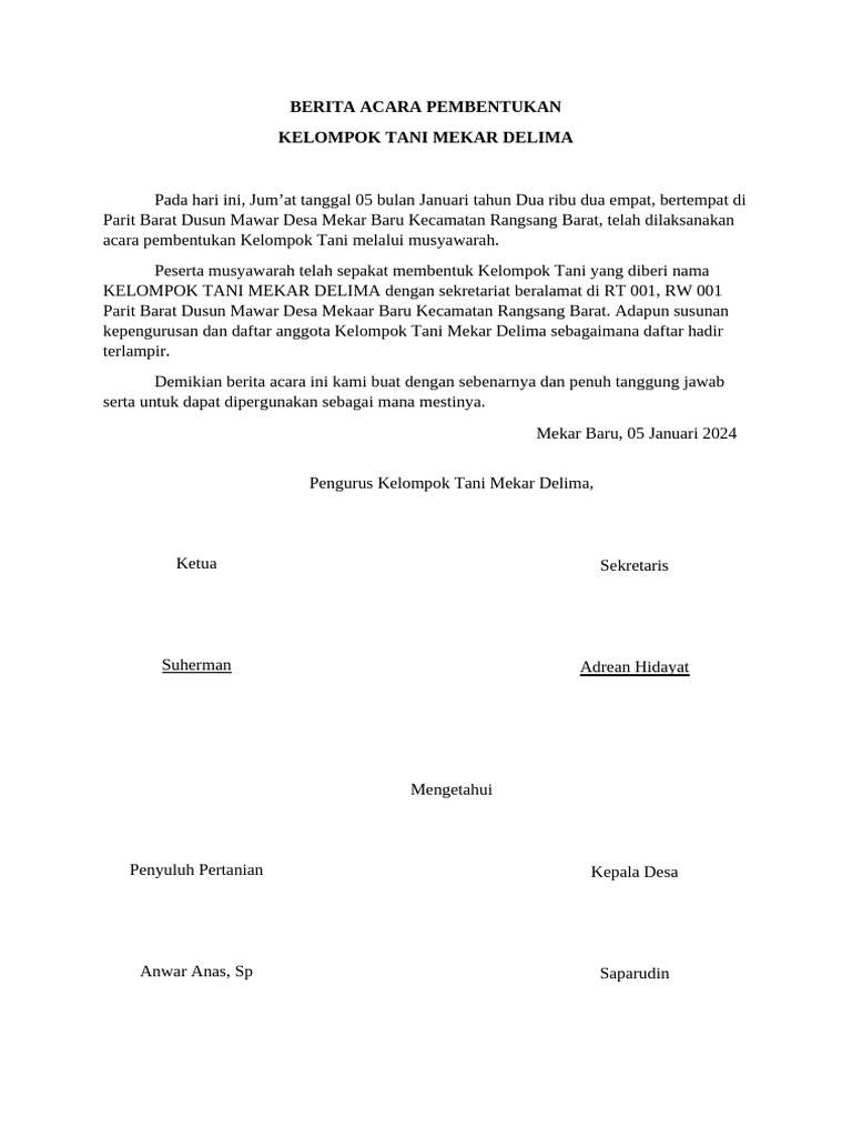 Berita Acara Pembentukan Kelompok Tani | PDF