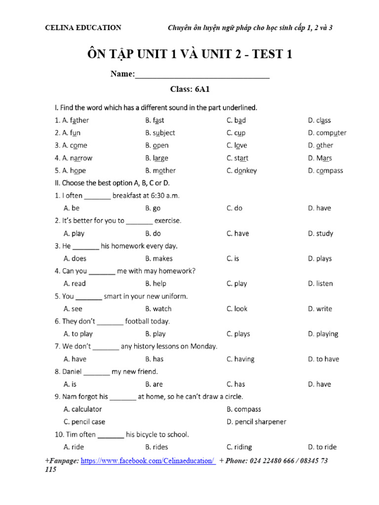 Ôn Tập Unit 1 Và Unit 2 - Test 1 | PDF