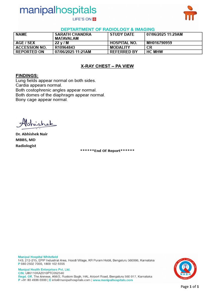 Normal Chest X-Ray Report Summary | PDF