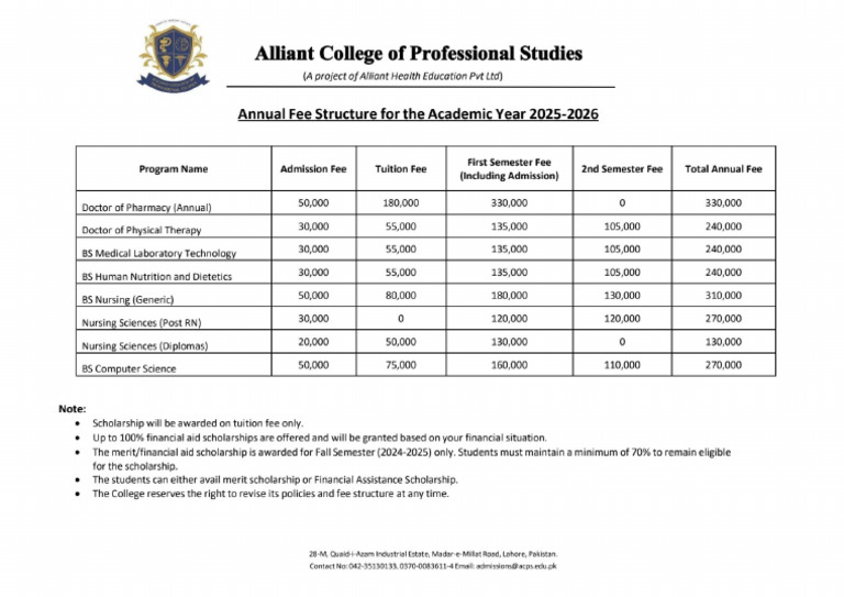 Fee Structure - Academic Year 2025-2026 - ACPS | PDF