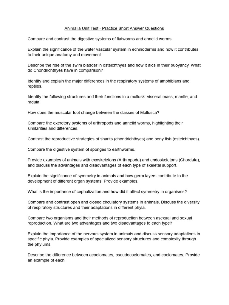 Practice Animalia Unit Test + Key 2 | PDF | Skeleton | Mollusca