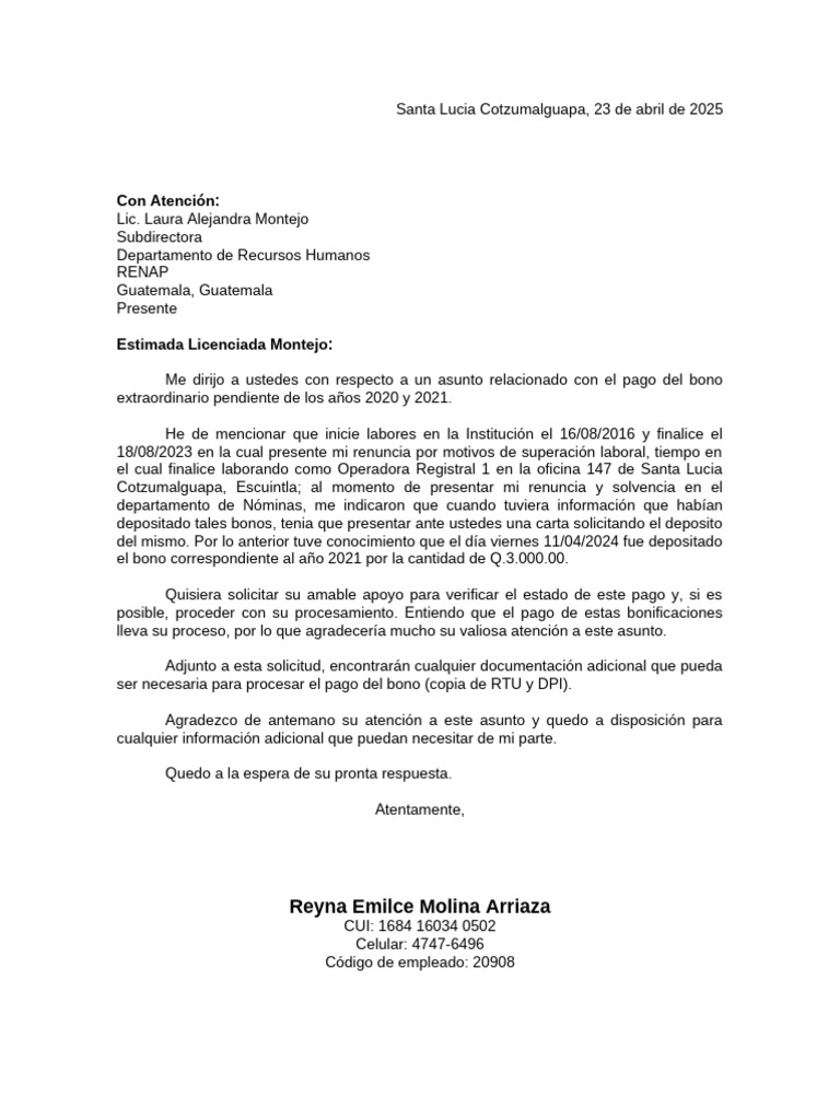 Carta para Renap de Mi Bono | PDF
