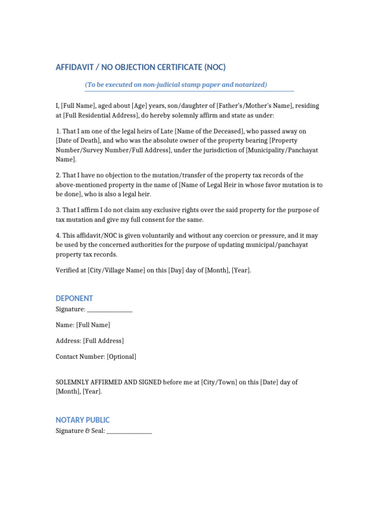 NOC Affidavit Notarized Format | PDF