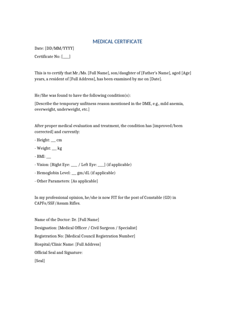 SSC GD Medical Certificate Template | PDF