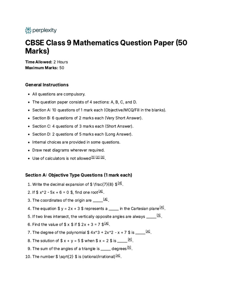 CBSE Class 9 Maths Question Paper | PDF | Triangle | Cartesian ...