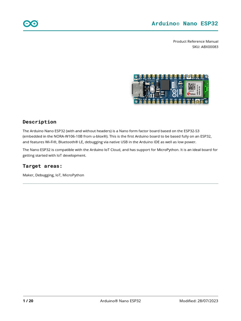 Arduino Nano ESP32 ABX00092 Datasheet | PDF | Arduino | Usb