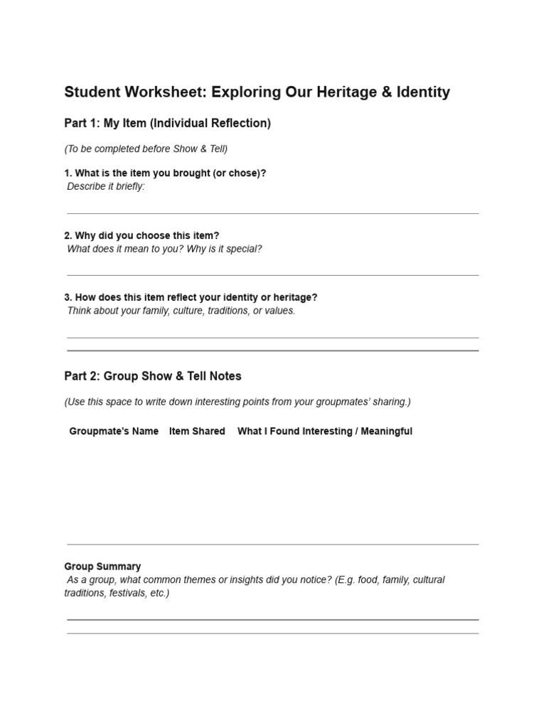 Module 1A Student Worksheet - Exploring Our Heritage & Identity | PDF