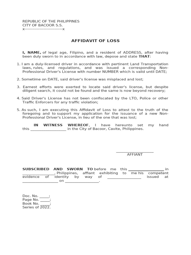 Affidavit of Loss For PH Driver's LIcense | PDF