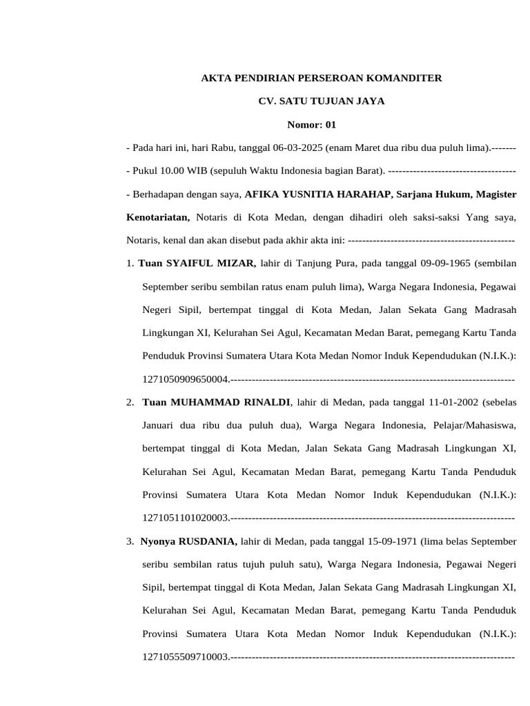 Akta Pendirian CV Afika | PDF