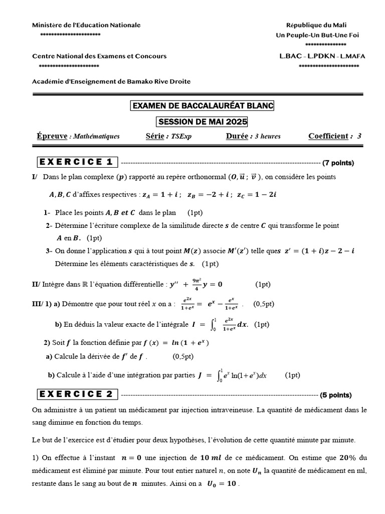 Sujet Bac Math 2025 Mali - TSExp | PDF | Mathématiques | Analyse ...