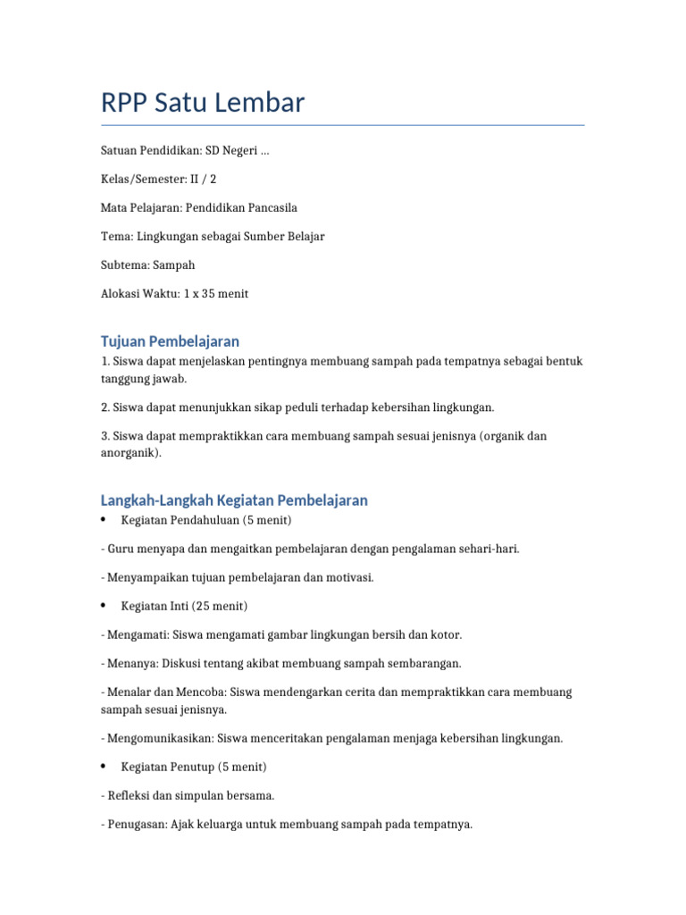 RPP Satu Lembar Pancasila Kelas2 Sampah | PDF
