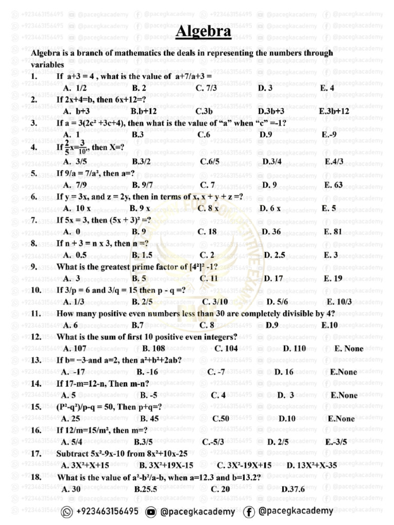 Algebra Exercise For Class | PDF